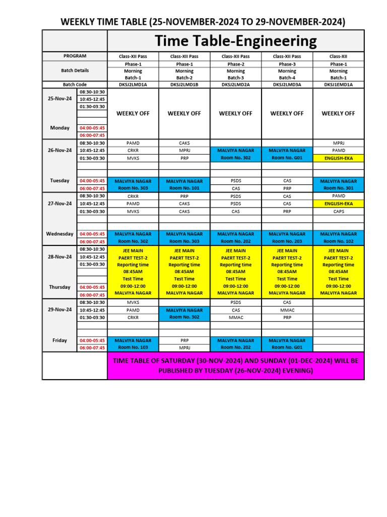 Iit-Jee Time Table (25 Nov-29 Nov 2024) | PDF | Workweek And Weekend ...