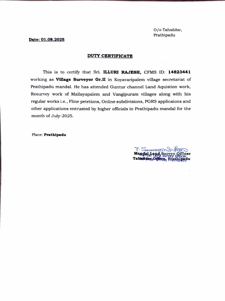 Illuri Rajesh July 2025 Duty Certificate | PDF