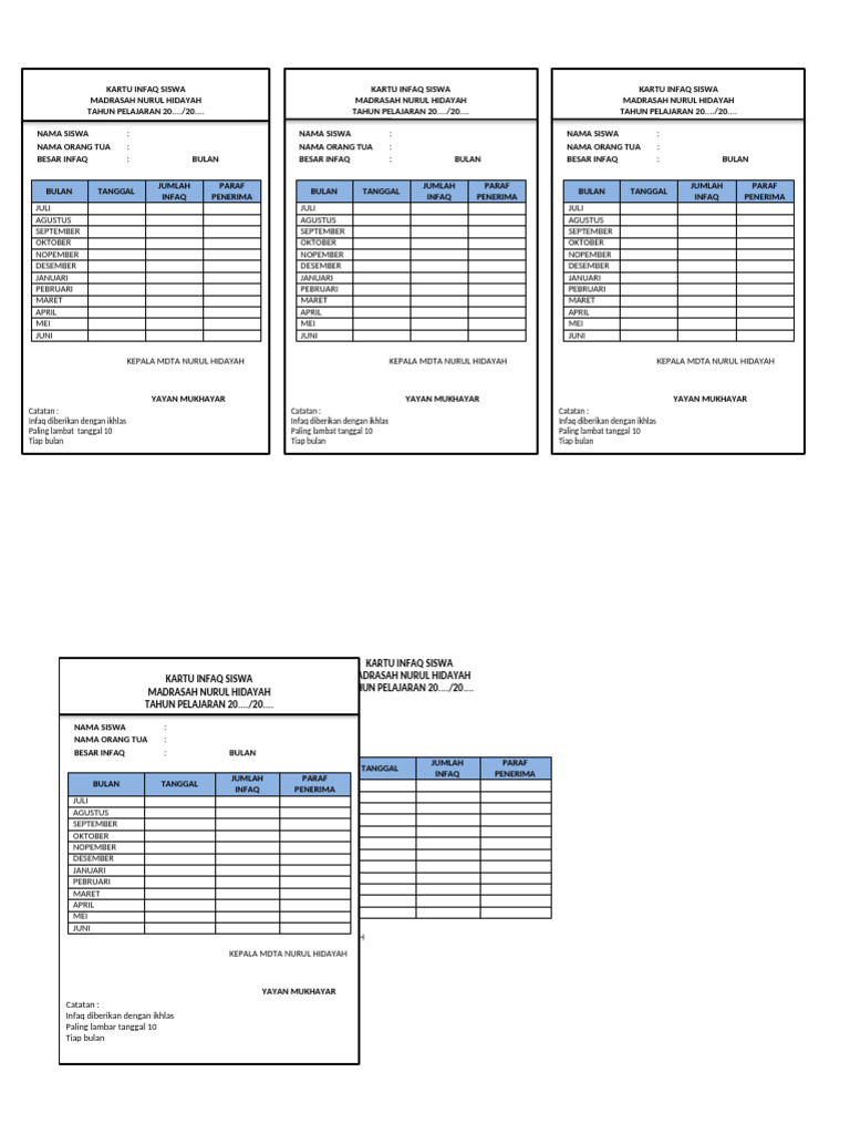Kartu Infaq Siswa Madrasah 2023 | PDF