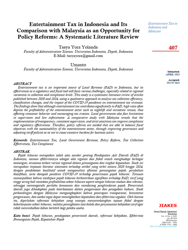1entertainment Tax in Indonesia and Its Comparison With Malaysia As An ...