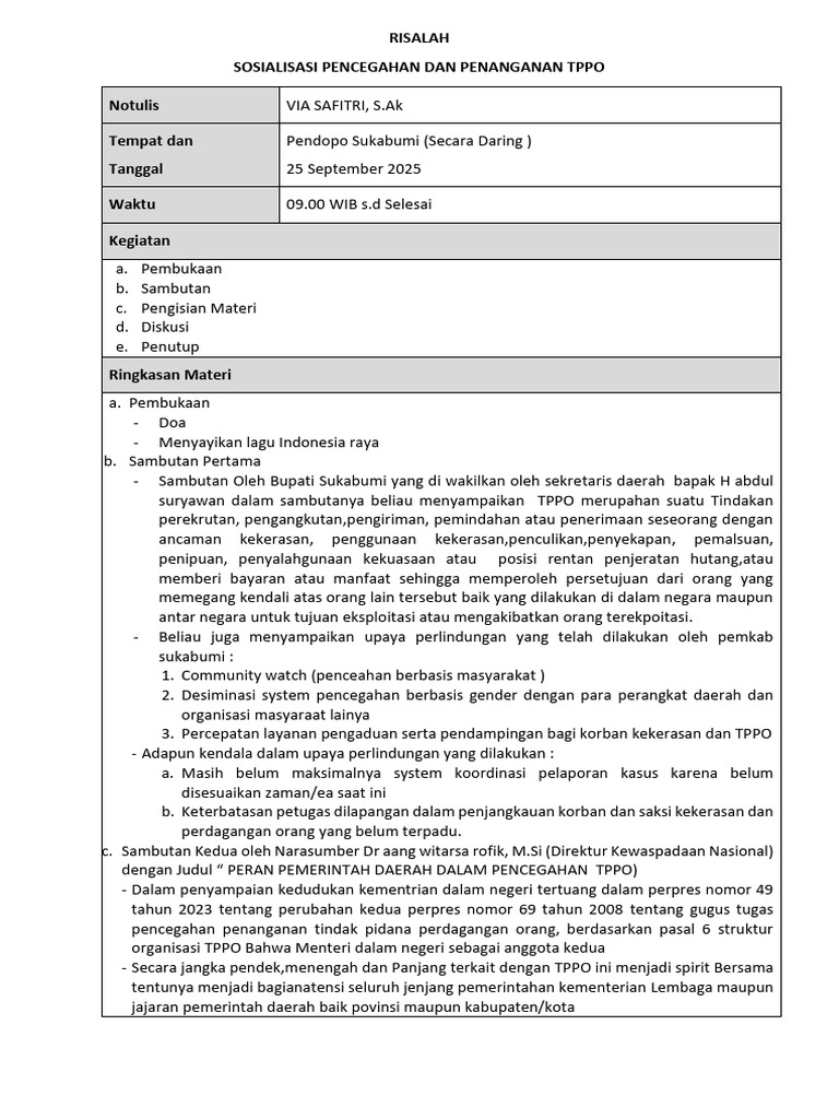 Sosialisasi Pencegahan Dan Penanganan Tppo | PDF