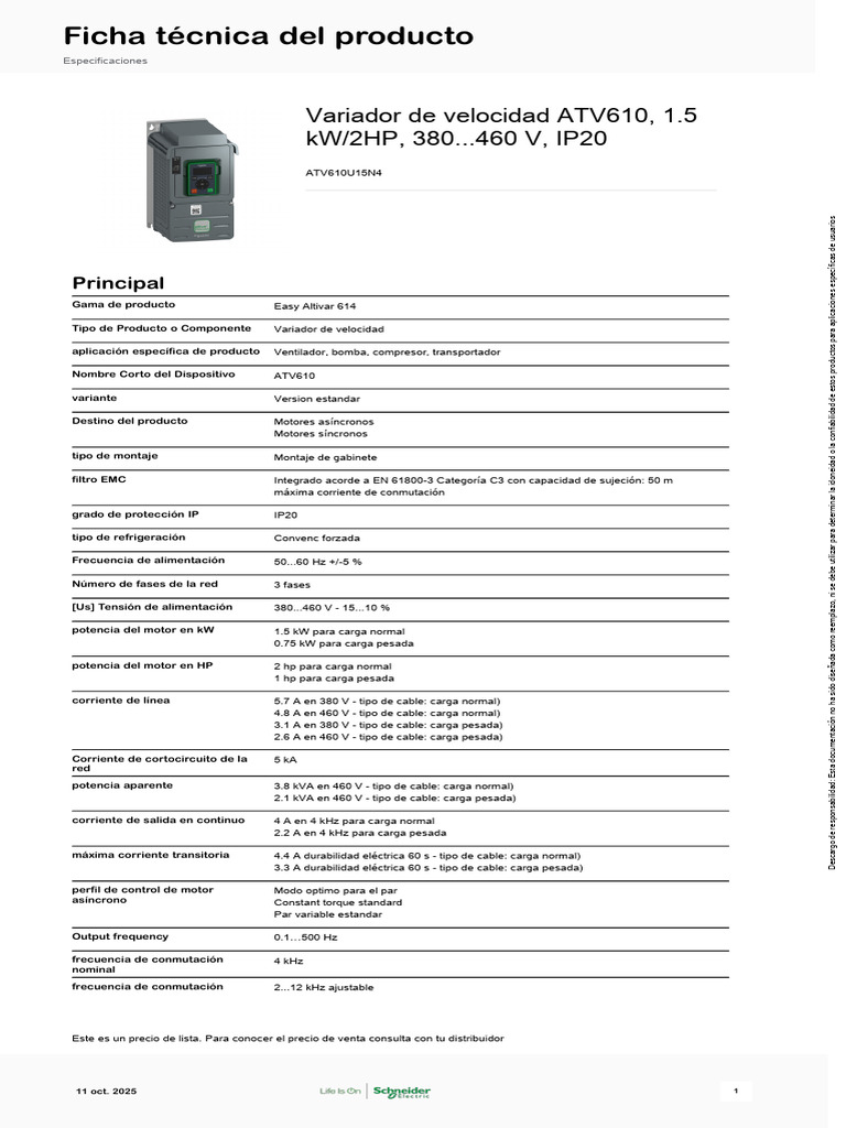 Schneider Electric Easy-Altivar-610 ATV610U15N4 | PDF | Relé | Hertz