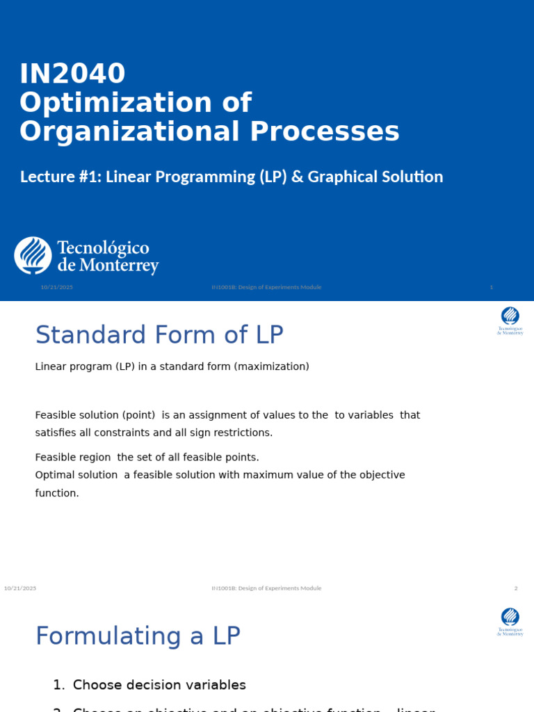 IN2040 - Lecture #2 - LP & Graphical Method | PDF | Linear Programming | Mathematical Optimization