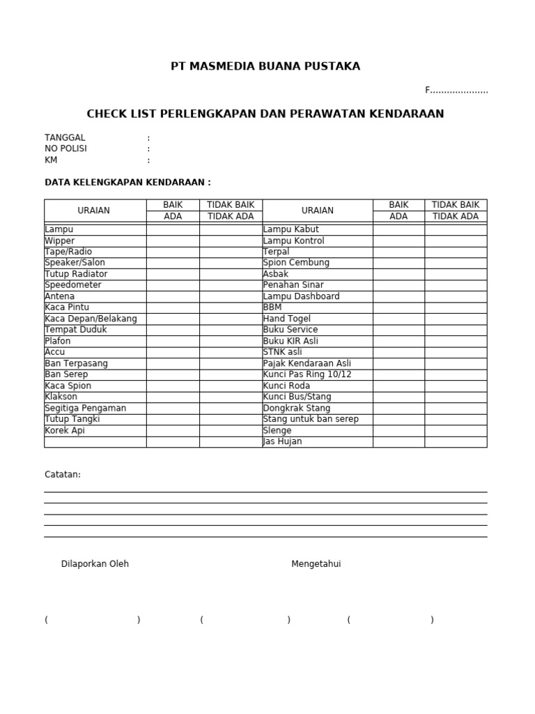 Checklist Perawatan Kendaraan PT Masmedia | PDF