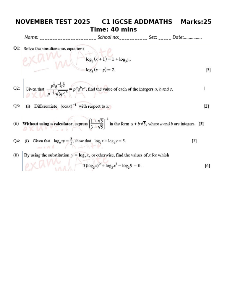 C1 Add Maths TEST NOV 2025 | PDF