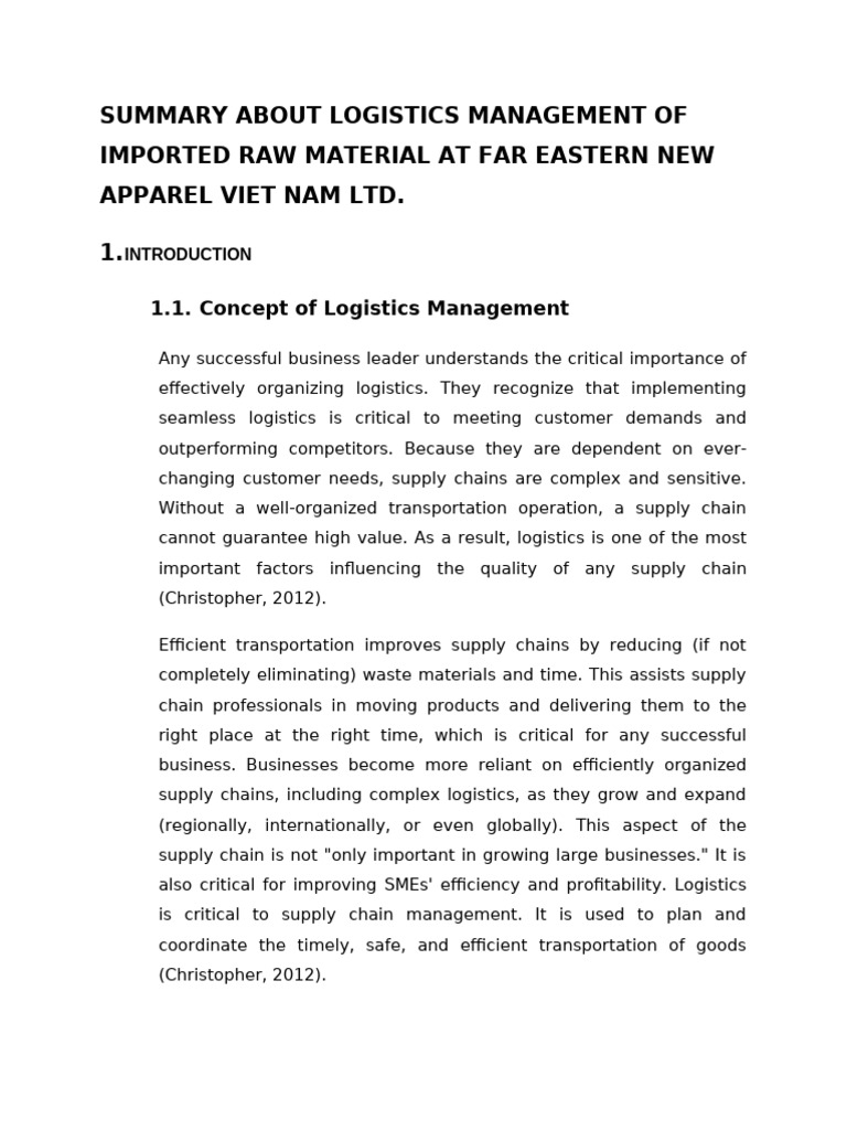 Summary About Logistics Management of Imported Raw Material at Far Eastern New Apparel Viet Nam ...