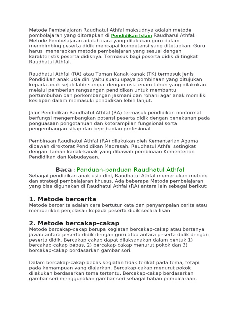 Metode Pembelajaran Raudhatul Athfal Maksudnya Adalah Metode ...