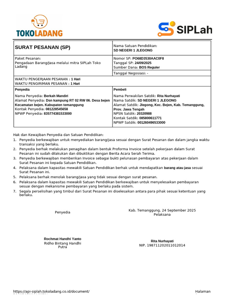 Surat Pesanan Laptop SD Negeri 1 Jlegong | PDF