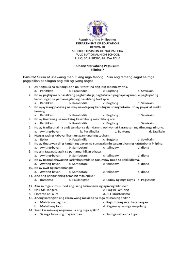 Filipino 7 1st PT | PDF