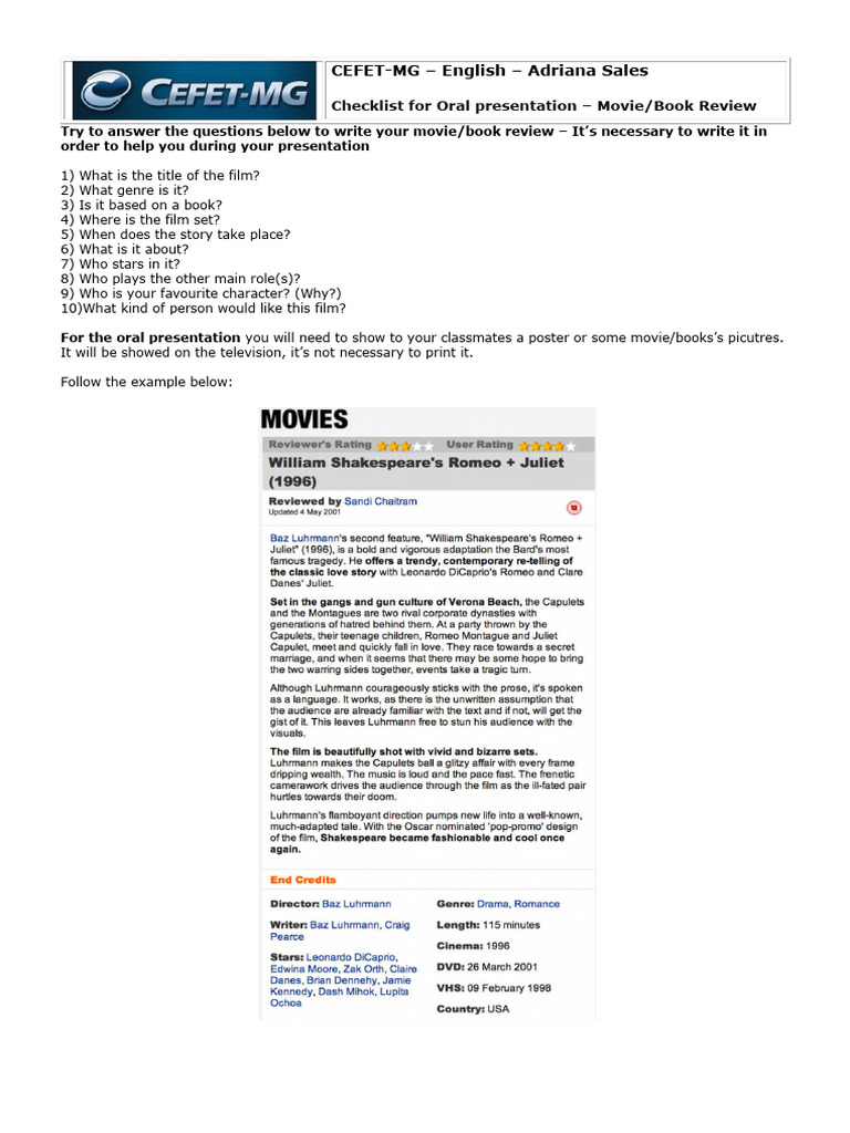 Movie/Book Review Presentation Checklist | PDF