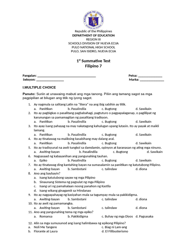 Filipino 7 1st Summative Test | PDF