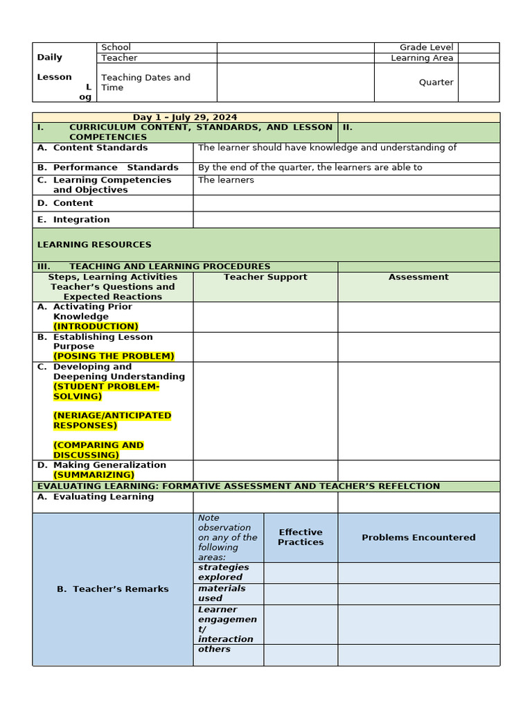 Daily Lesson Log Template for Teachers | PDF