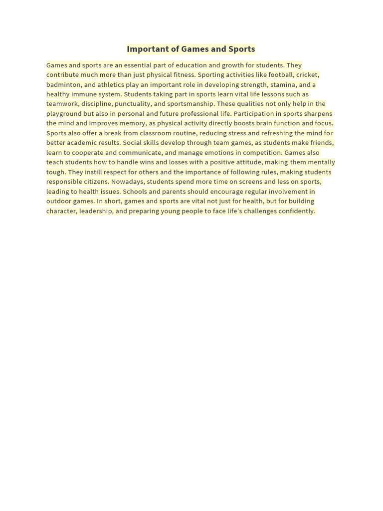 Important of Games and Sports | PDF