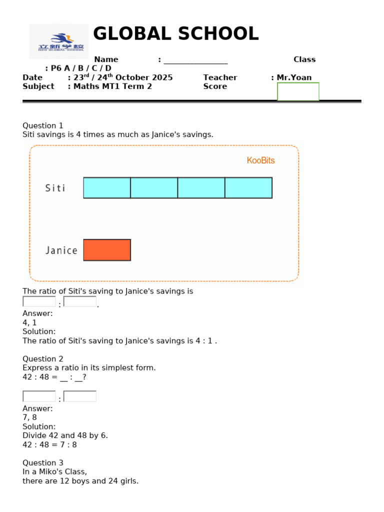 Maths Ratio Problems for P6 Students | PDF | Mathematics | Division ...