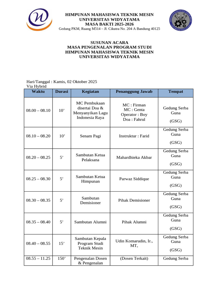 Acara Pengenalan Himpunan Teknik Mesin 2025 | PDF