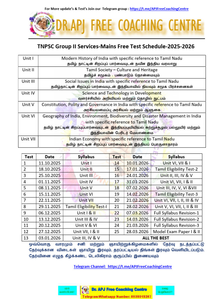 TNPSC Group II Services-Mains Free Test Schedule-2025-2026 | PDF