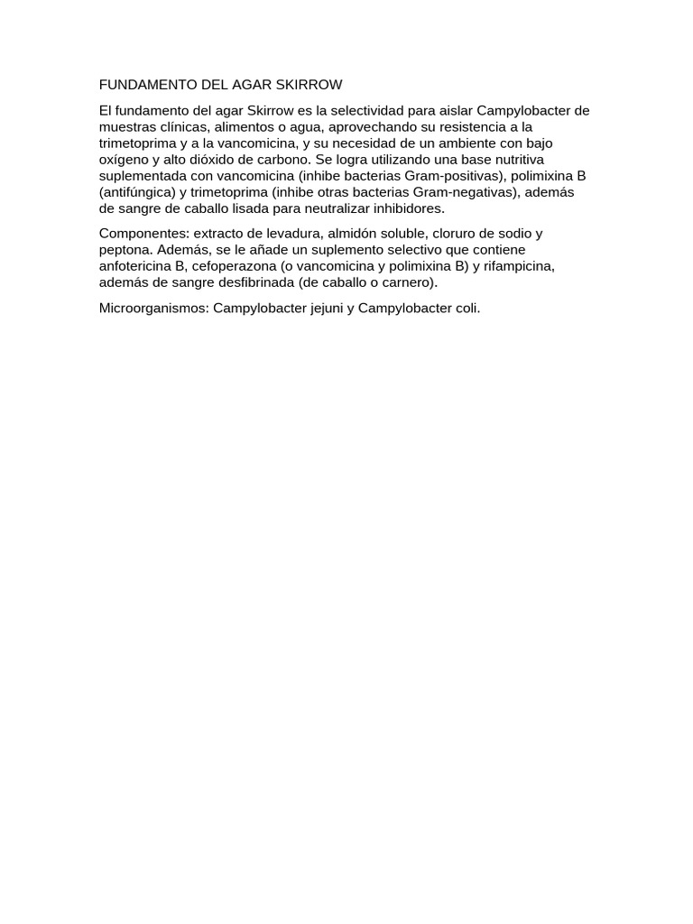 Fundamento del Agar Skirrow para Campylobacter | PDF