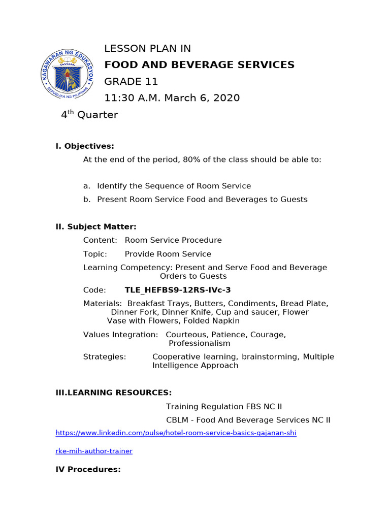 Sample Lesson Plan FBS NC II | PDF | Lesson Plan | Human Communication