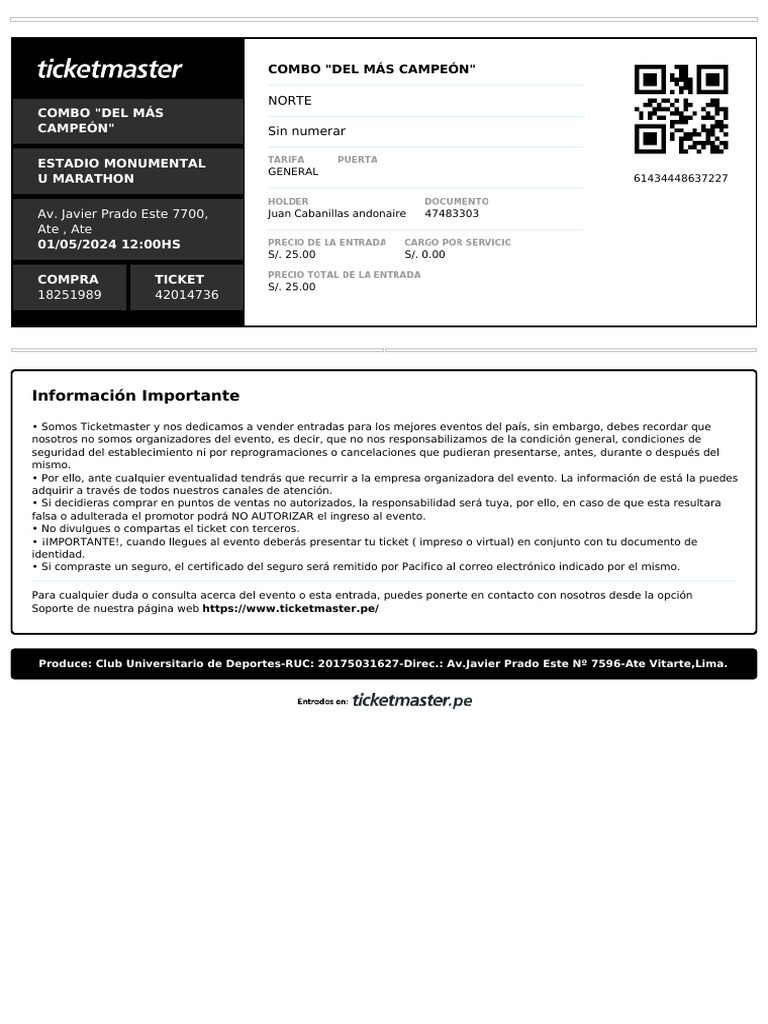Entradas Combo "Del Más Campeón" U Marathon | PDF