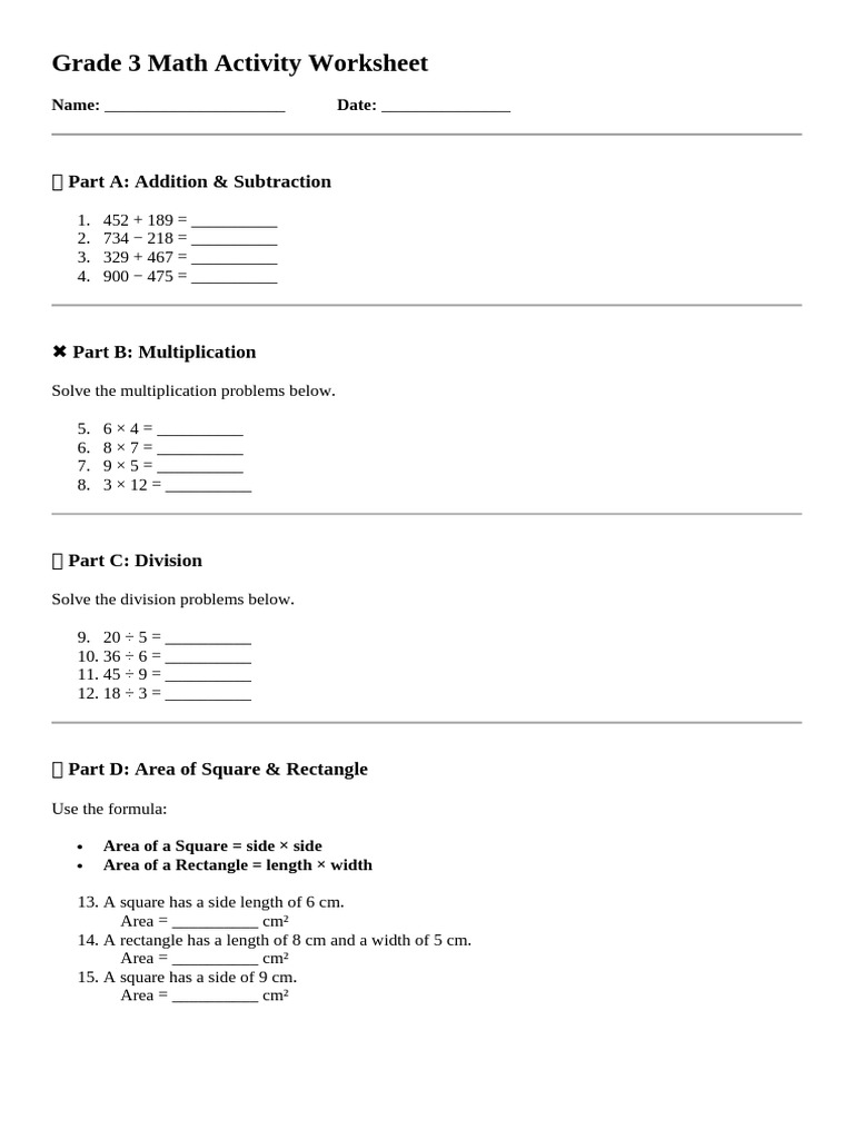 Grade 3-4 Math Activity Worksheets | PDF