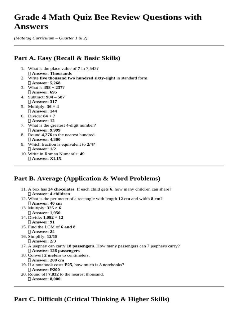 Grade 4 Math Quiz Bee Questions | PDF | Area | Length