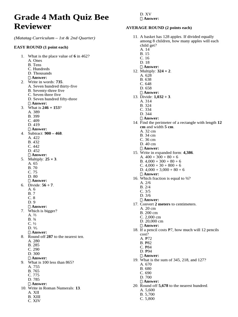 Grade 4 Math Quiz Bee Reviewer | PDF | Length | Arithmetic