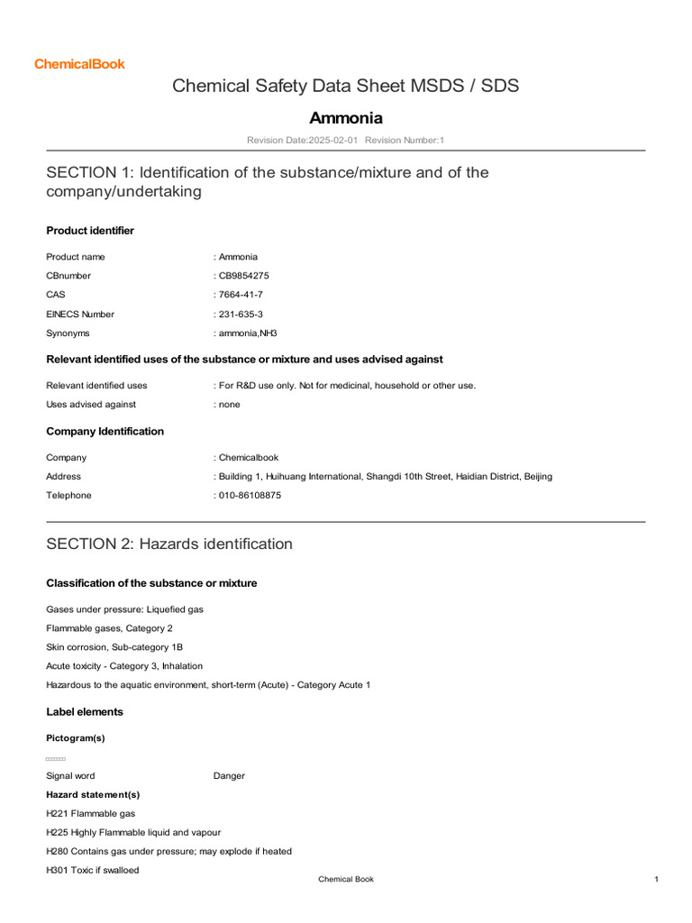 SDS Amonia | PDF | Ammonia | Chlorine