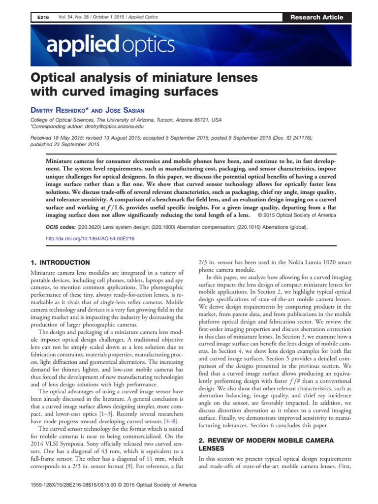 Optical Analysis of Miniature Lenses With Curved Imaging Surfaces | PDF ...