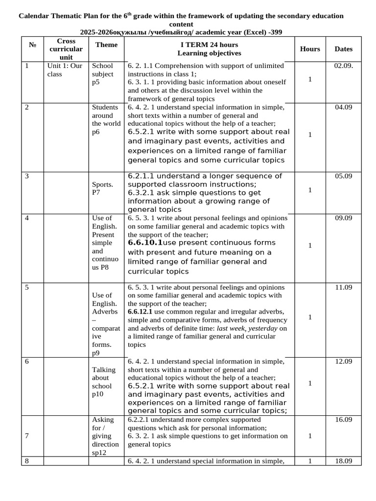 6th Grade Thematic Calendar Plan 2025-2026 | PDF | English Language ...