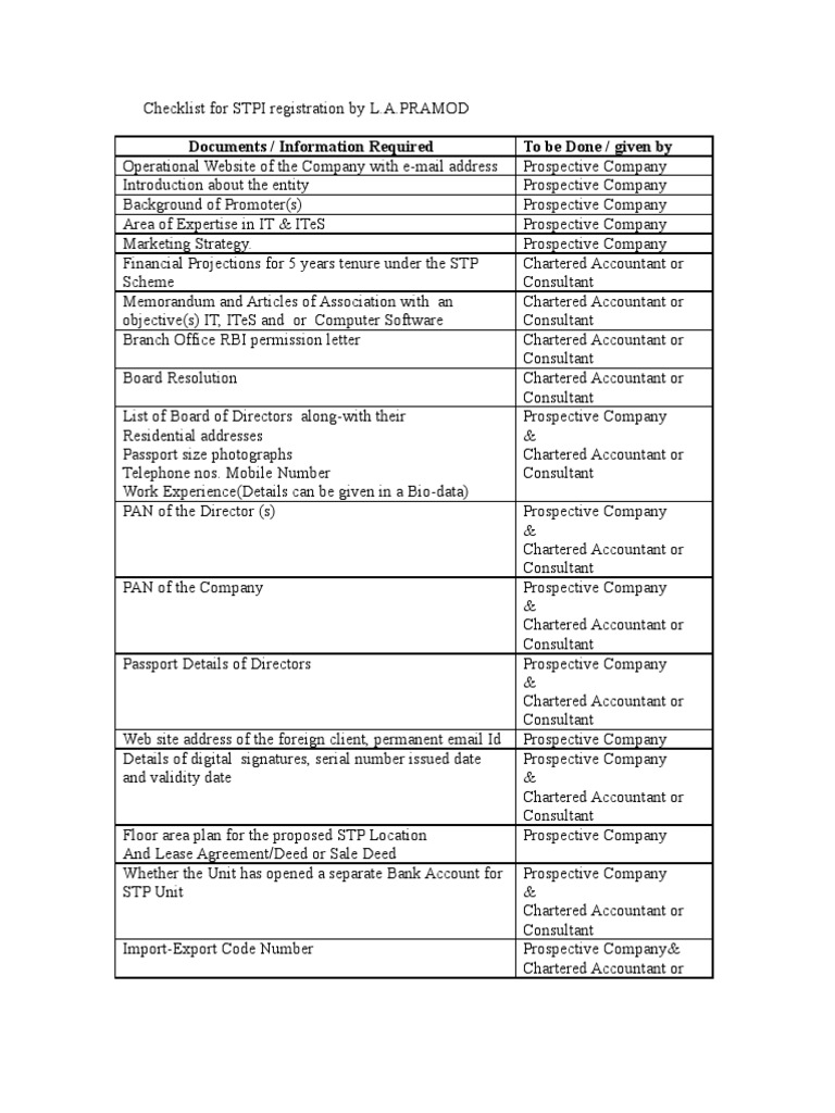 STP Reg Checklist | Consultant | Joint Venture