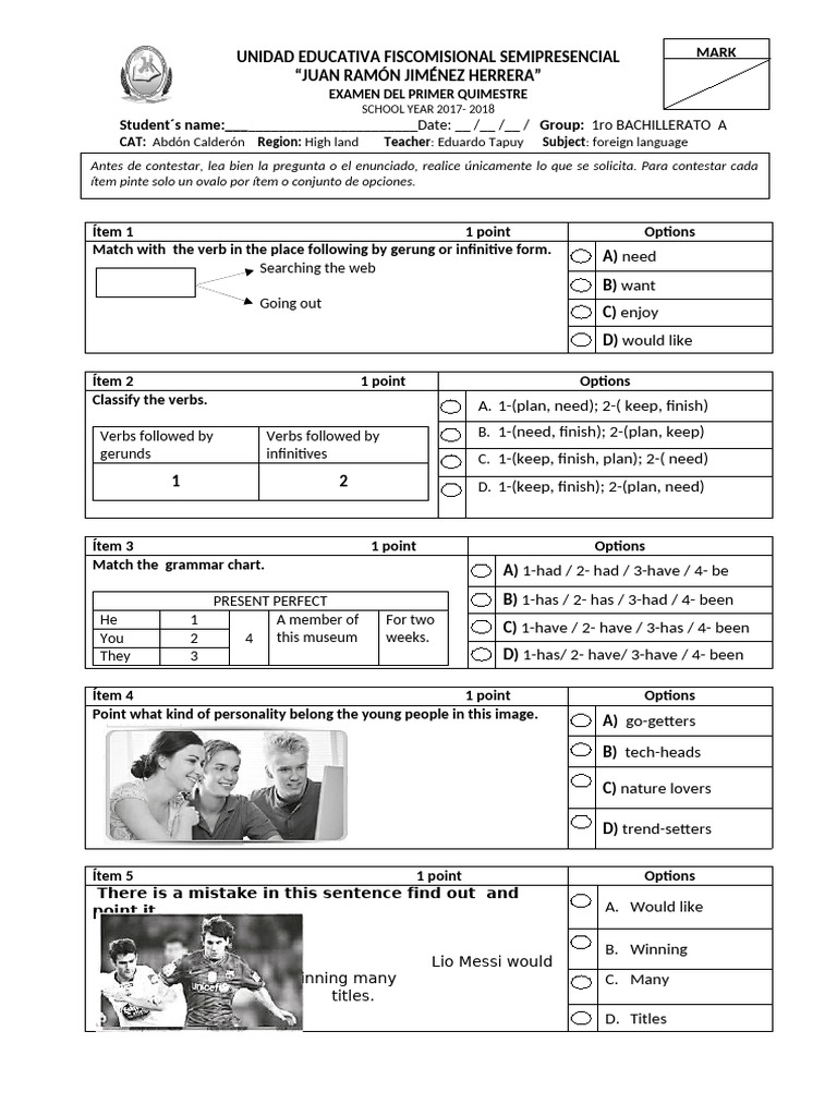 First Quarter English Exam 2017-2018 | PDF | Language Families | Morphology