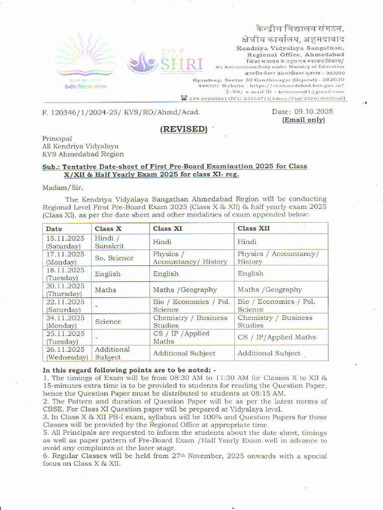 Revised (F) - Date Sheet of First Pre-Board Examination For Class X ...