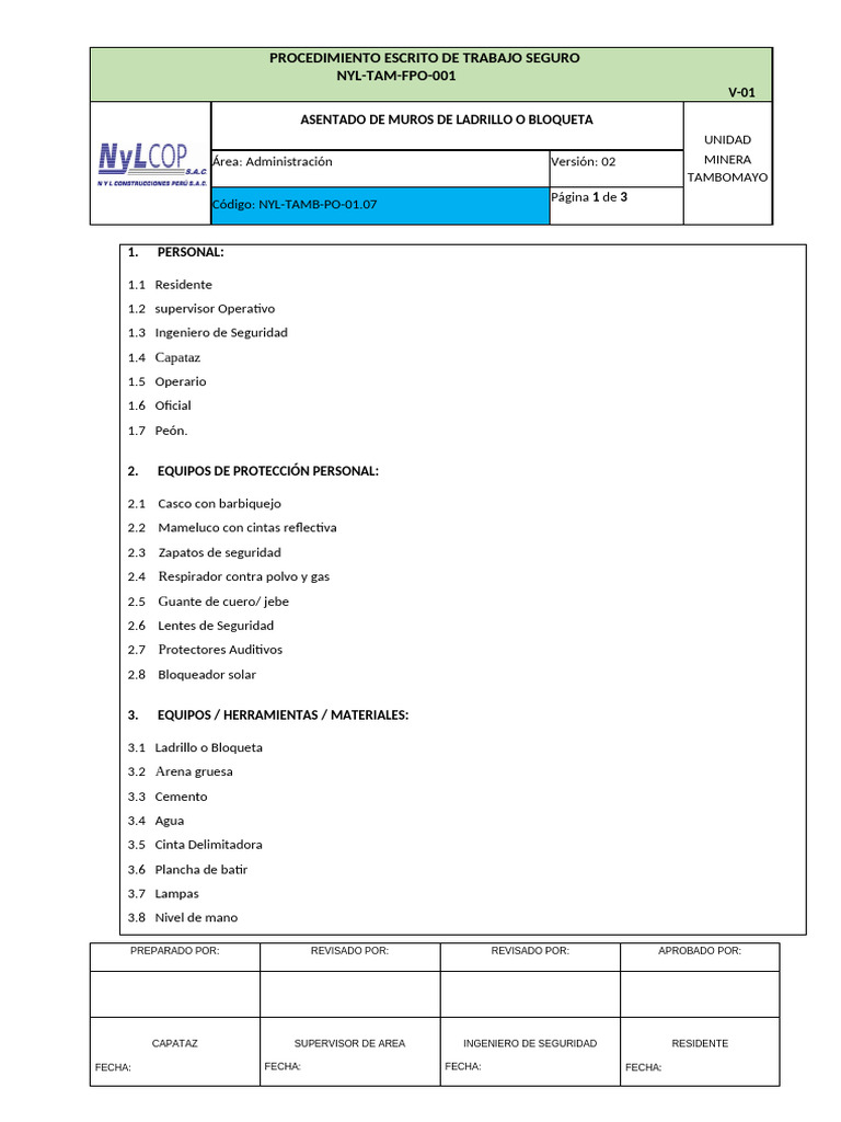 Procedimiento Seguro para Asentado de Muros | PDF