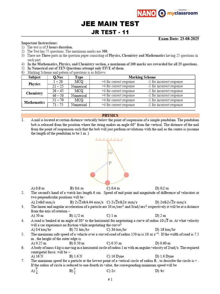 JR_MAINS_TEST_11_23-08-2025_Q.P_WITH KEY- | PDF