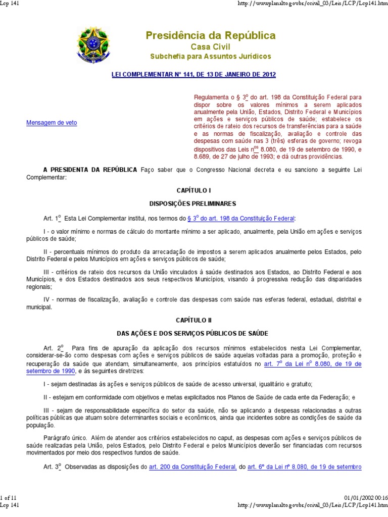 Lei Complementar 141 de 2012 - Valores Mínimos A Serem Aplicados Anualmente Na Saúde - LCP 141 ...
