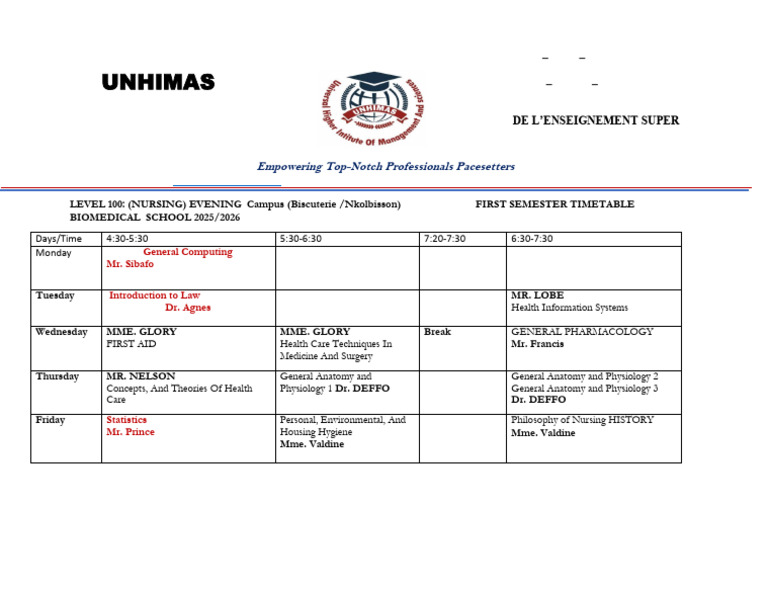 Nursing Evening Level 100 Temporary Timetable | PDF | Health Care ...