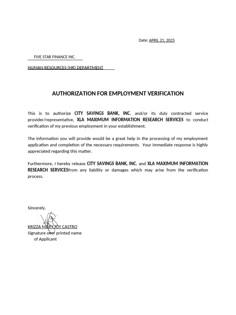 Authorization (Employment) (6) - LBC | PDF