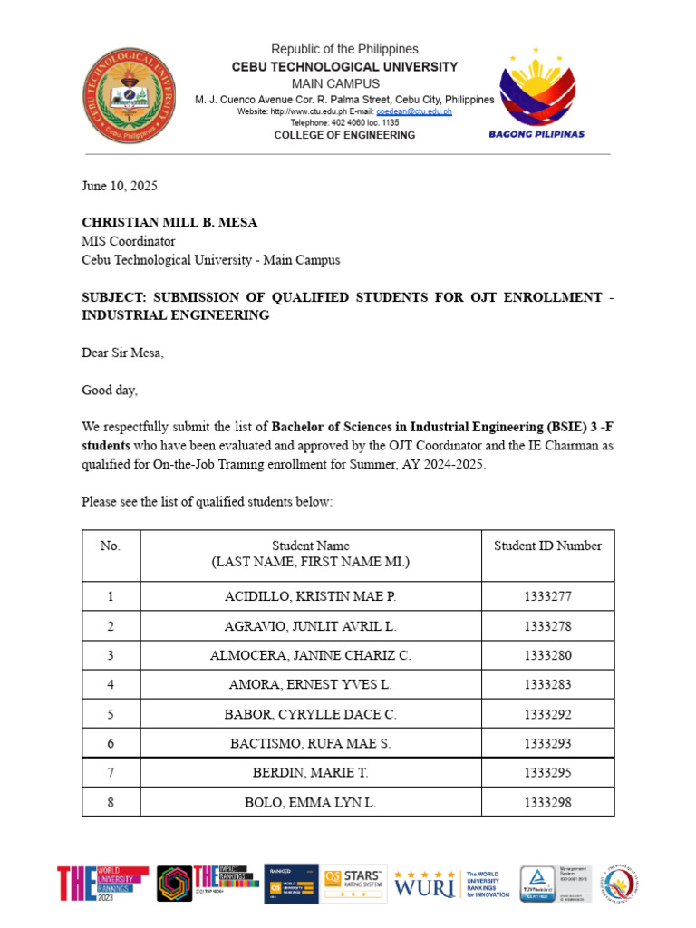 OJT Enrollment List for BSIE Students | PDF