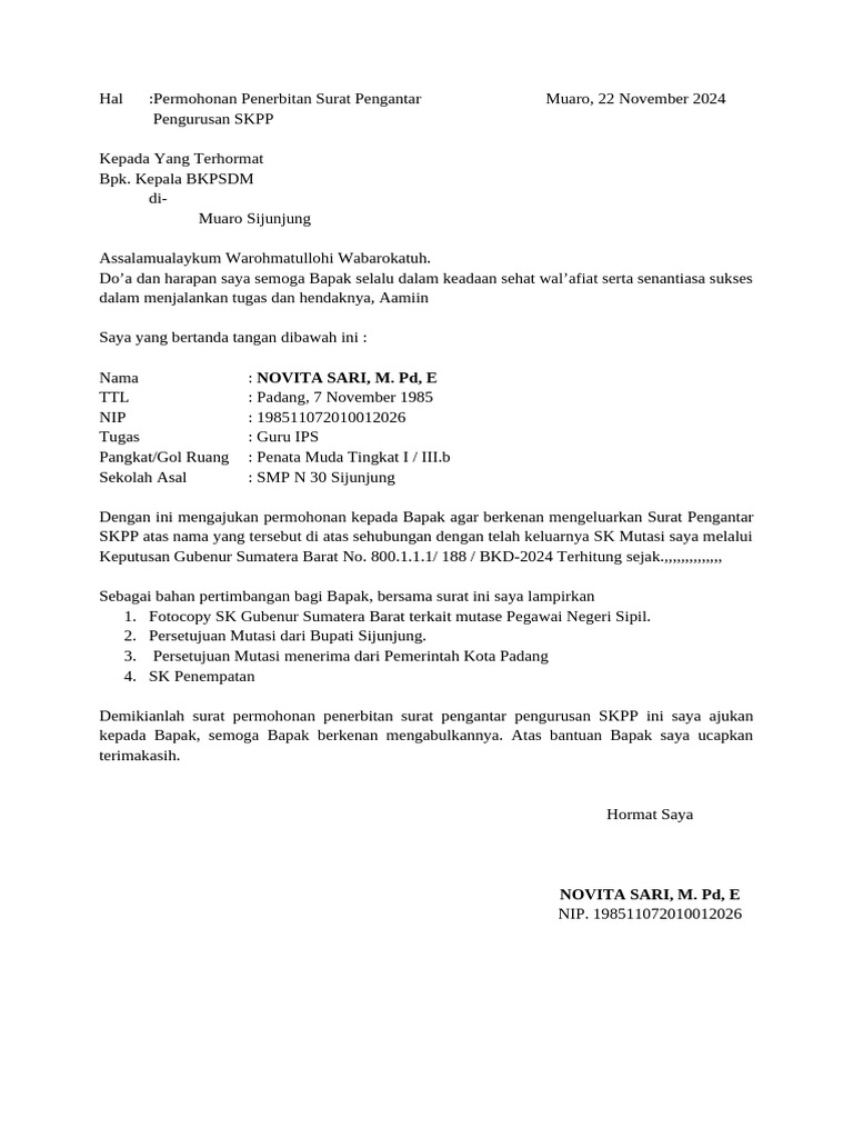 Surat Permohonan Penerbitan Surat Pengantar Pengurusan SKPP | PDF