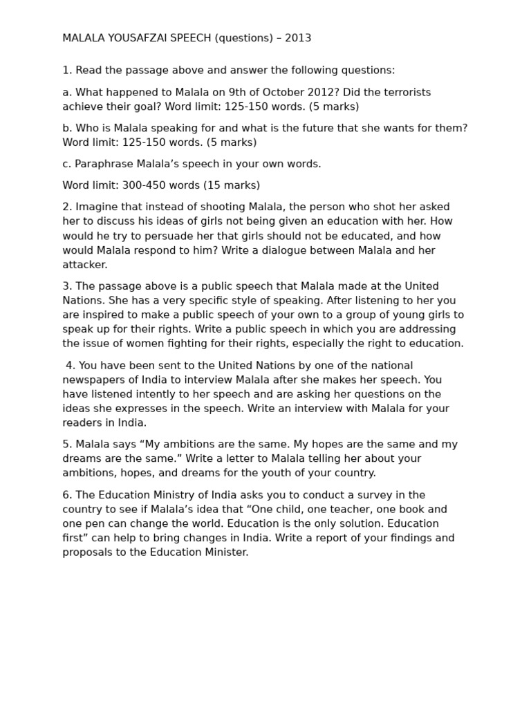 Malala Yousafzai Questions | PDF