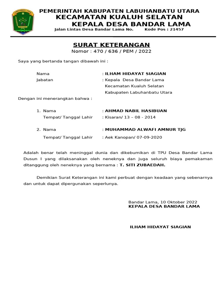Surat Keterangan Meninggal Dunia Bandar Lama | PDF