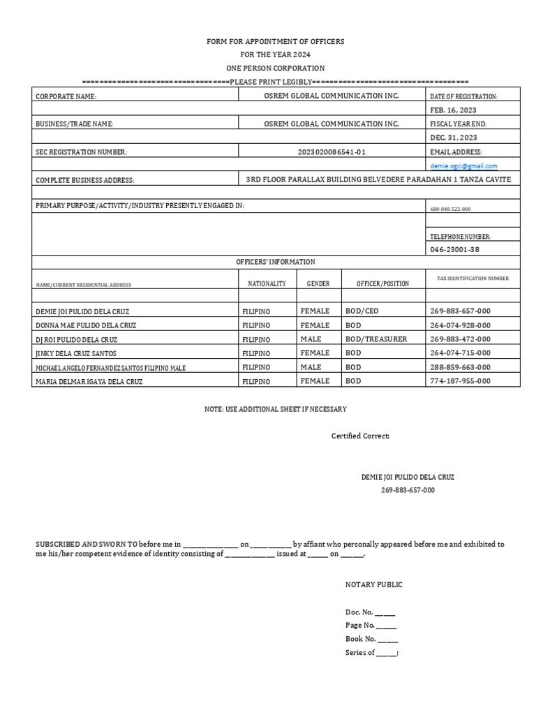 Form For Appointment of Officers Ok N To | PDF | Civil Law (Common Law ...
