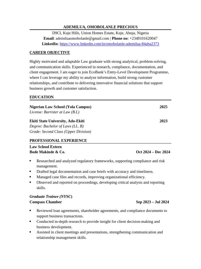 Omobolanle Precious Ecobank CV 102821 | PDF | Regulatory Compliance ...
