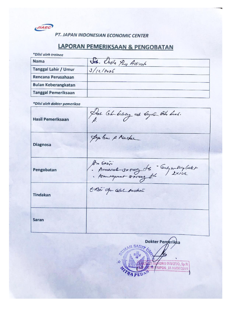 Laporan Pemeriksaan Desta Pria Adinata (PT. Jiaec) | PDF