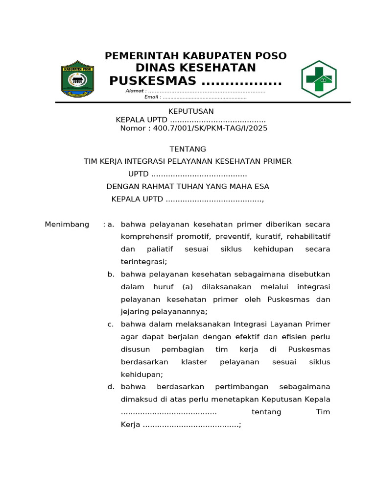 SK TIM Kerja Puskesmas | PDF