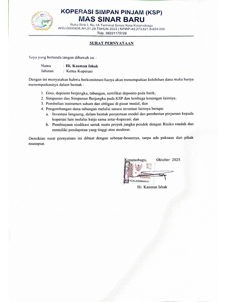 Surat Pernyataan Kelebihan Dana Fix | PDF