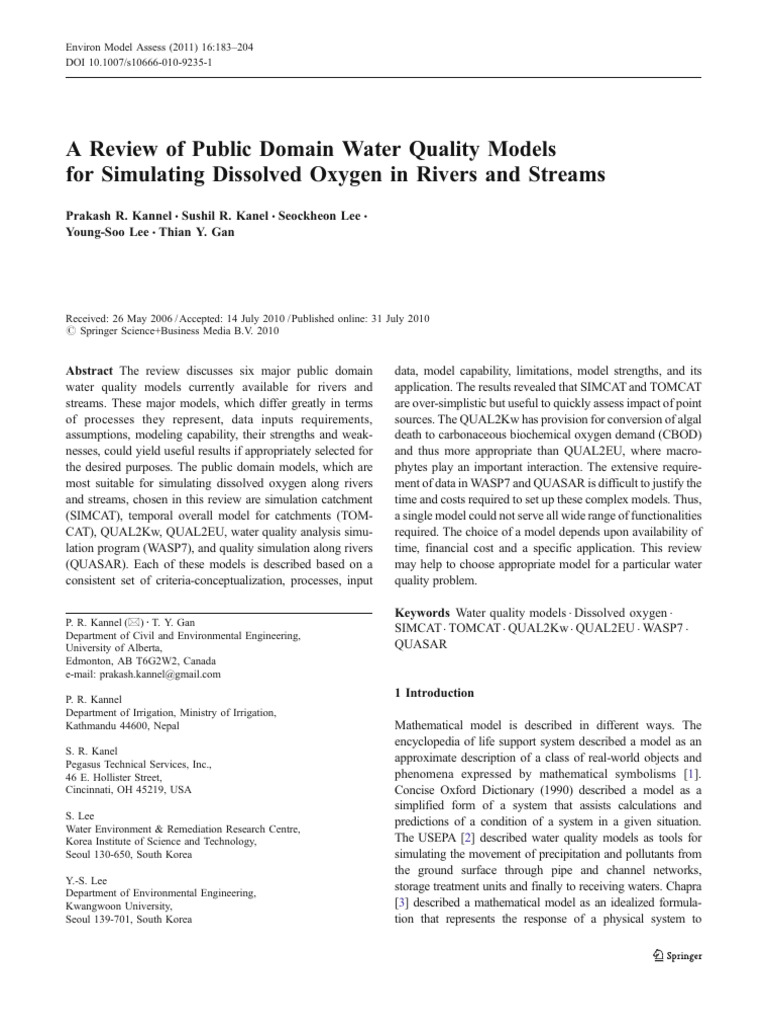 A Review of Public Domain Water Quality Models For Simulating Dissolved ...
