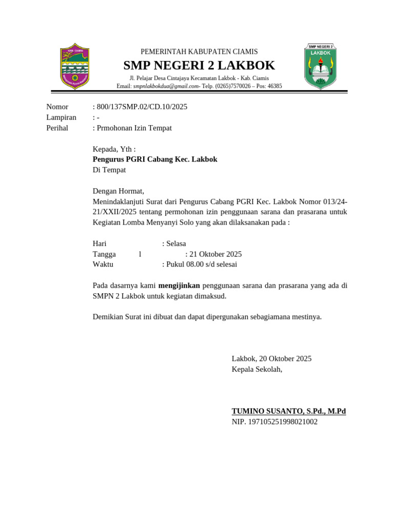 Izin Kegiatan Lomba Menyanyi SMPN 2 Lakbok | PDF
