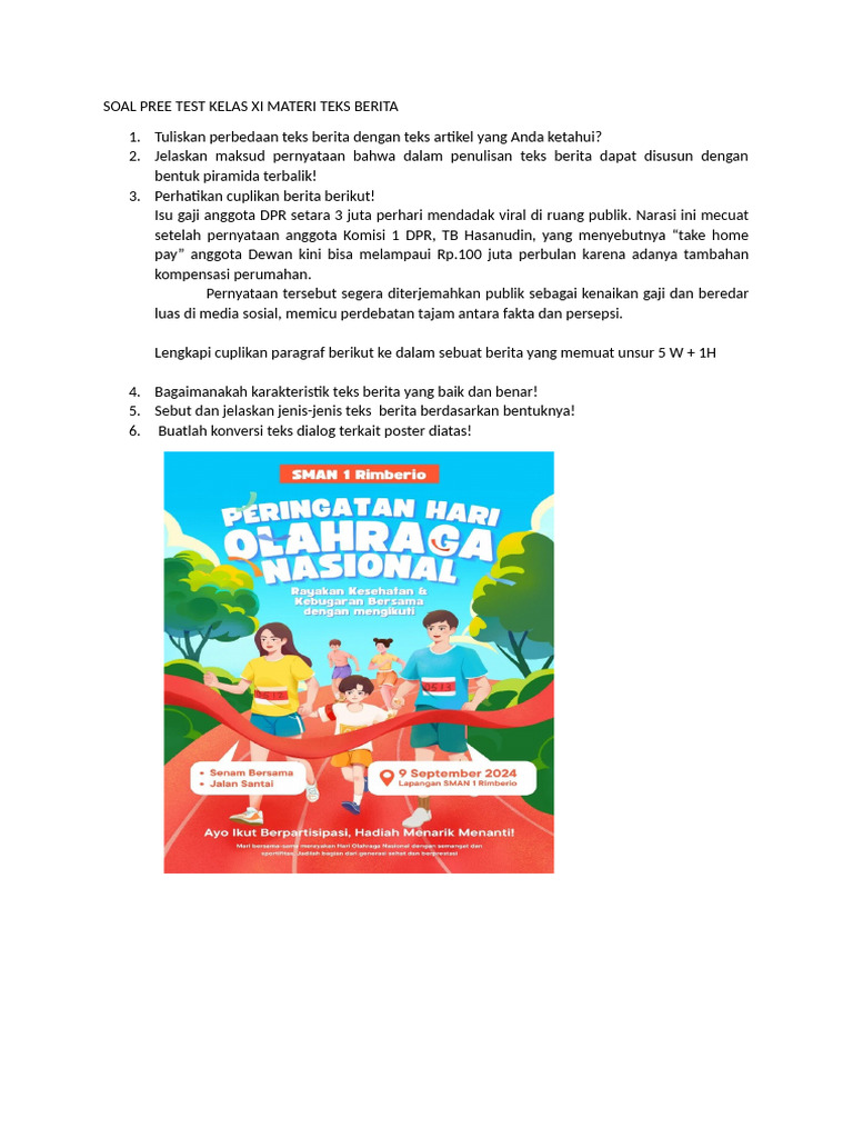 Soal Pre-Test Teks Berita Kelas XI | PDF
