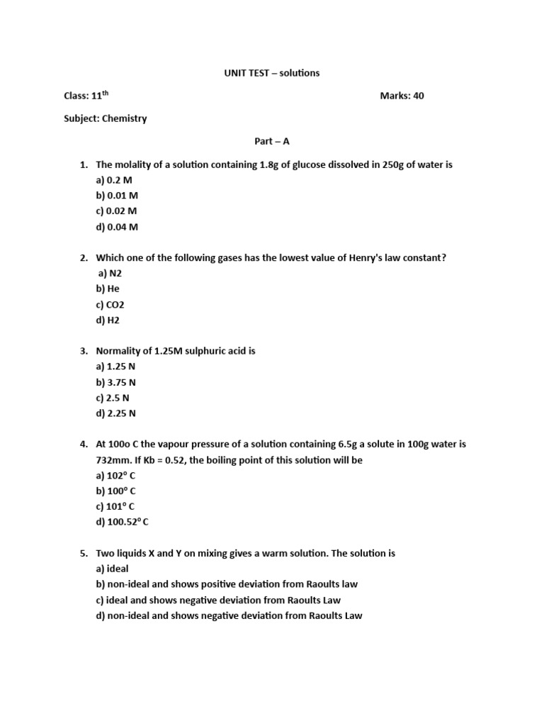 Chemistry Unit Test Solutions for Class 11 | PDF | Chemistry ...